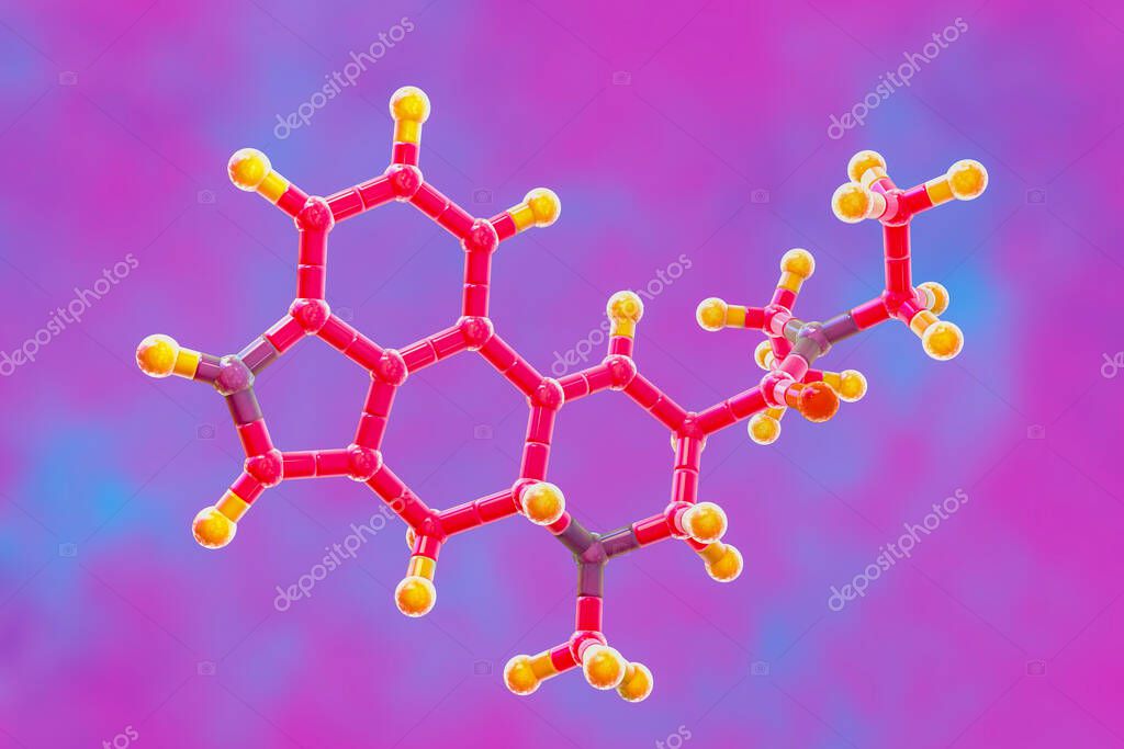 Molécula LSD (dietilamida de ácido lisérgico), ilustración 3D. Una ...