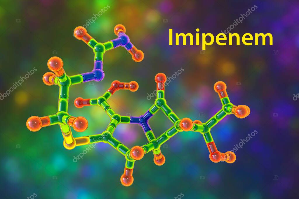 Molécula antibiótica de imipenem, ilustración 3D. Antibiótico de amplio ...