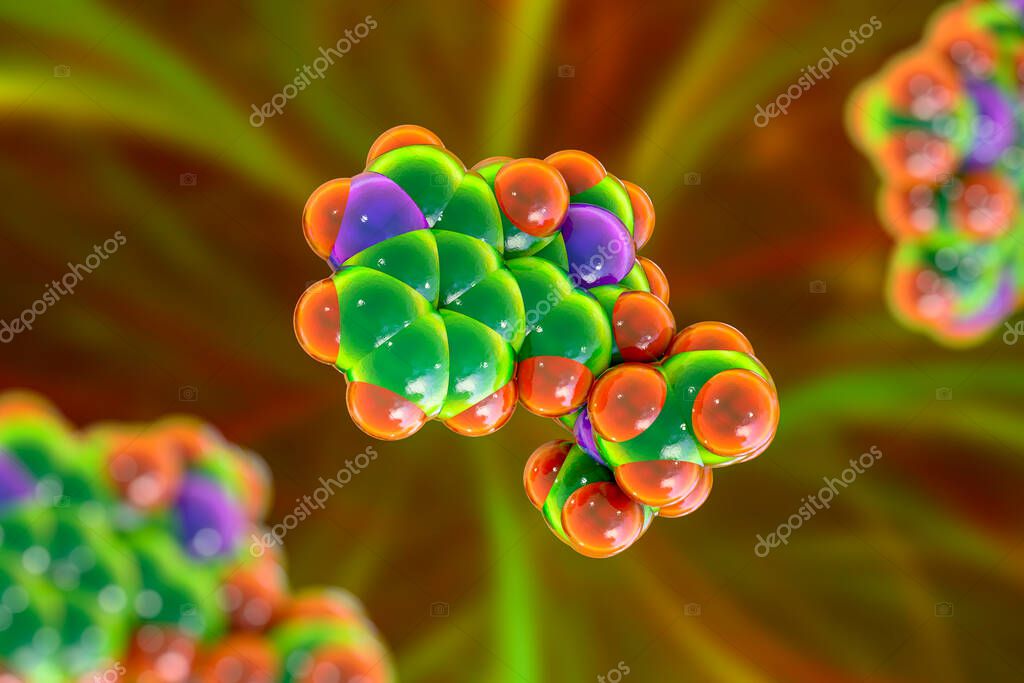 Molécula LSD (dietilamida de ácido lisérgico), ilustración 3D. Una ...