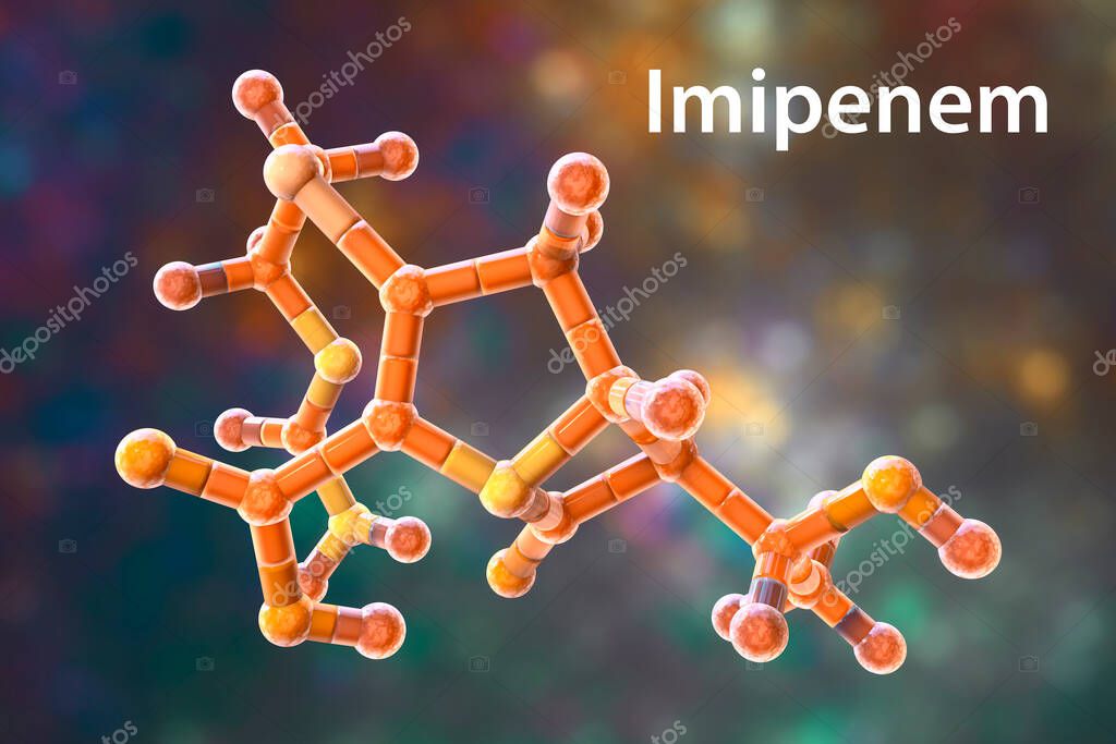 Molécula antibiótica de imipenem, ilustración 3D. Antibiótico de amplio ...