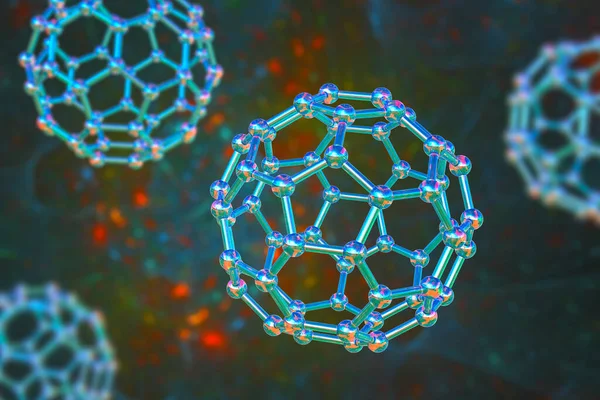 Buckyball, o molécula de buckminsterfullerene, ilustración 3D. Una molécula de fullereno es una ...