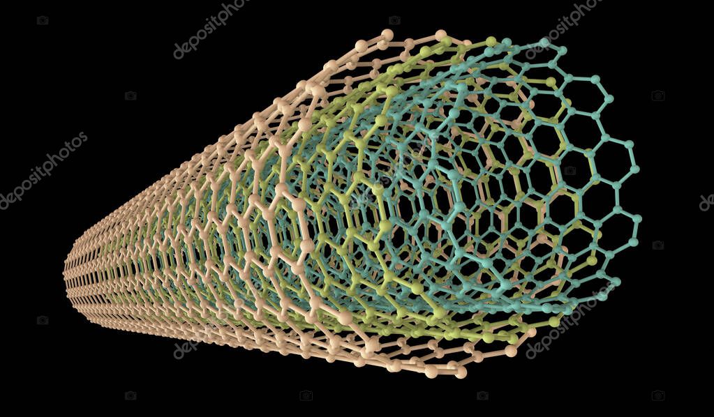 nanotubo de pared múltiple de carbono, ilustración 3D que muestra la estructura de carbono ...