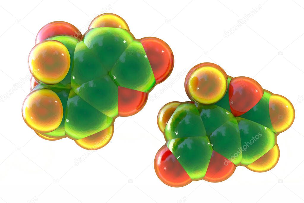 Molecule of patulin toxin, 3D illustration. Micotoxina producida por ...