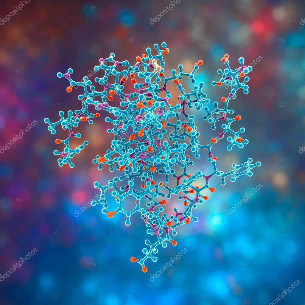 Molécula de hormona insulina humana, ilustración 3D. Medicamento en el ...