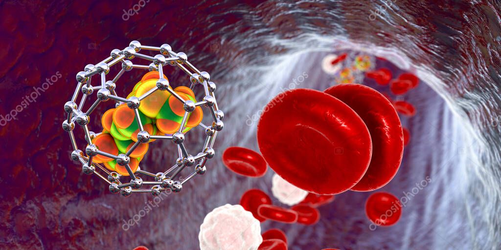 Fullerene nanoparticles in blood, conceptual 3D illustration. Fullerene ...