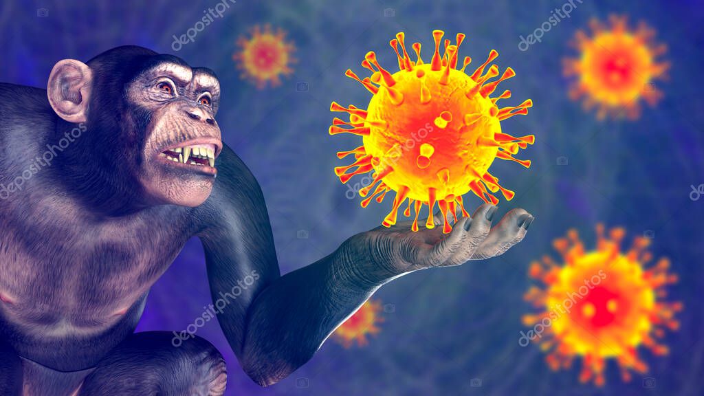 Mono sosteniendo un virus, ilustración conceptual 3D. Transmisión de ...