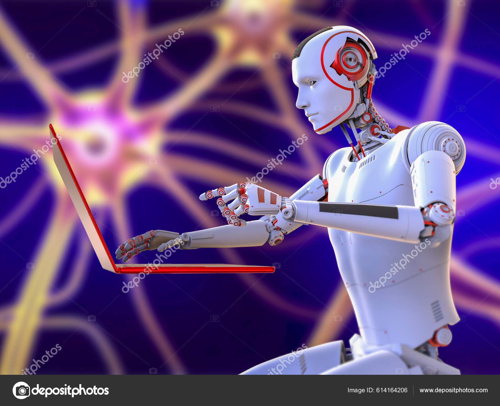 Humanoid Robot Working Laptop Background Brain Neurons Conceptual ...