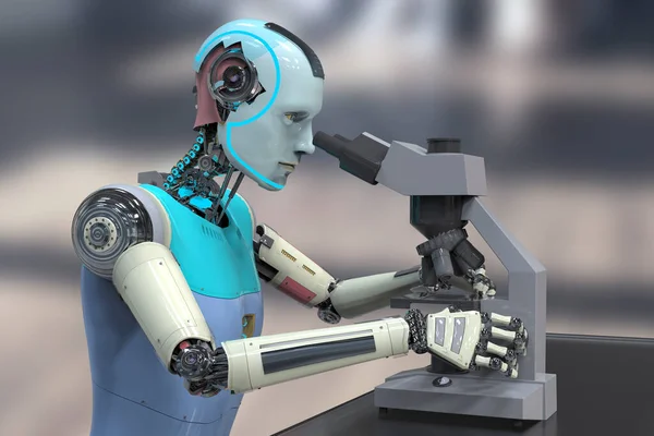 Humanoid robot working with microscope in a laboratory, conceptual 3D illustration. Laboratory ...