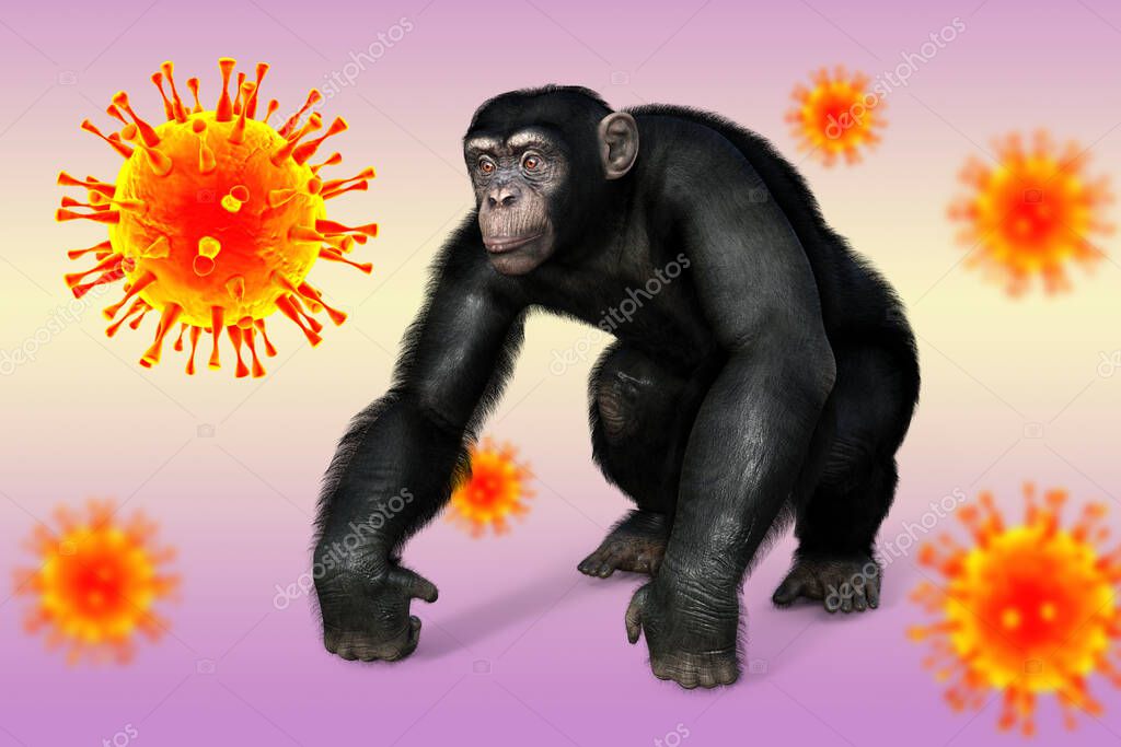Mono chimpancé rodeado de virus, ilustración conceptual 3D. Conciencia ...