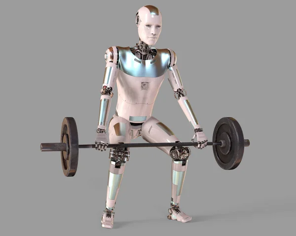 Robot lifting heavy barbell, 3D illustration. Weight lifting robots ...