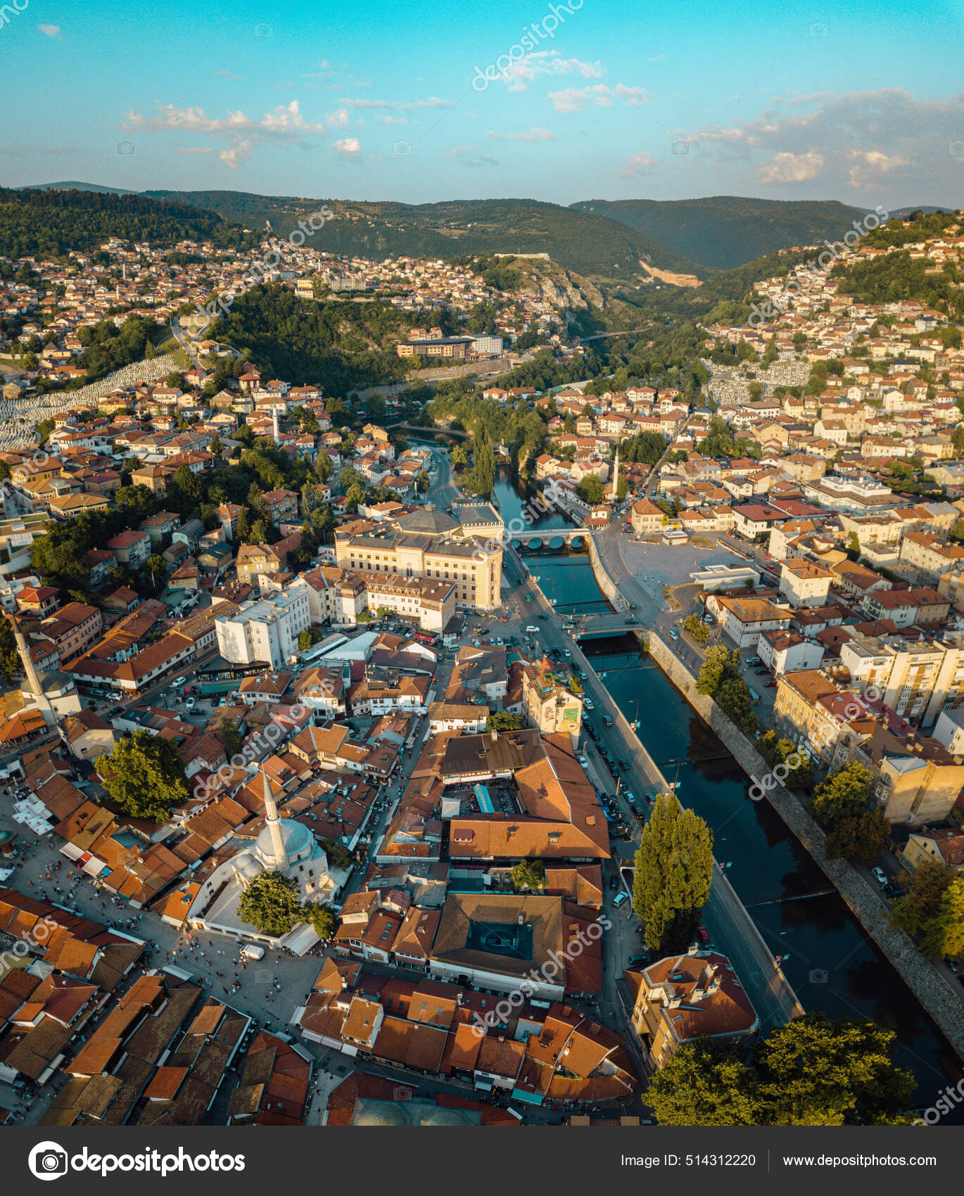 Aerial View Downtown Sarajevo City Hall River Miljacka Stock Photo by ...