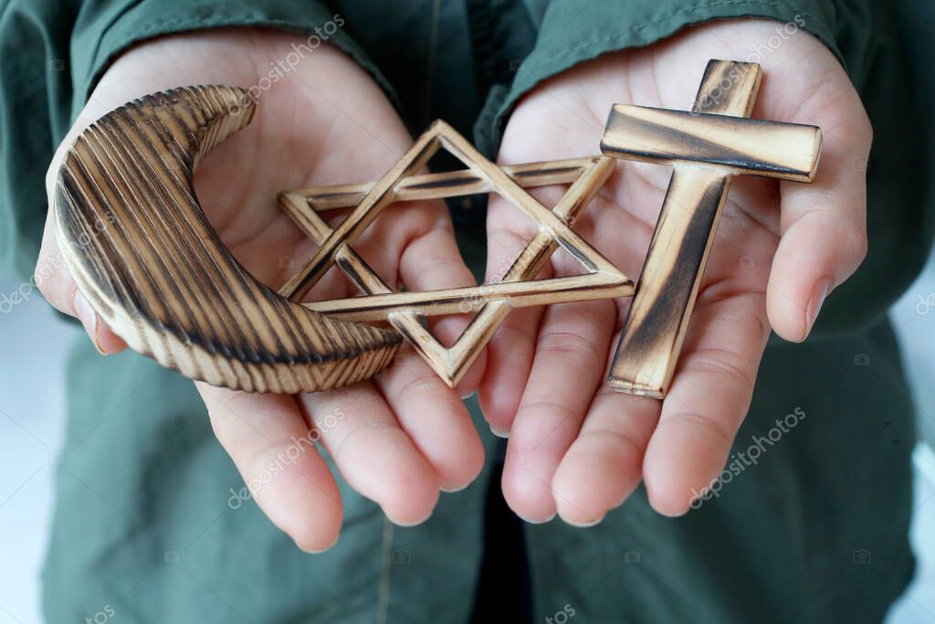 Cristianismo, Islam, Judaísmo 3 religiones monoteístas. Jewish Star, Cross and Crescent ...