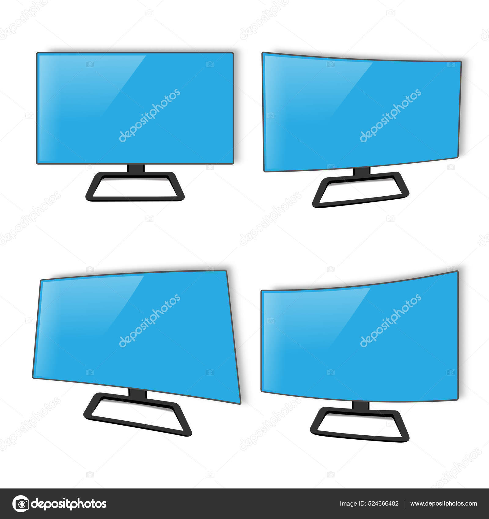 A set of monitors. Curved TV panel screens in blue. Vector 3D realistic ...