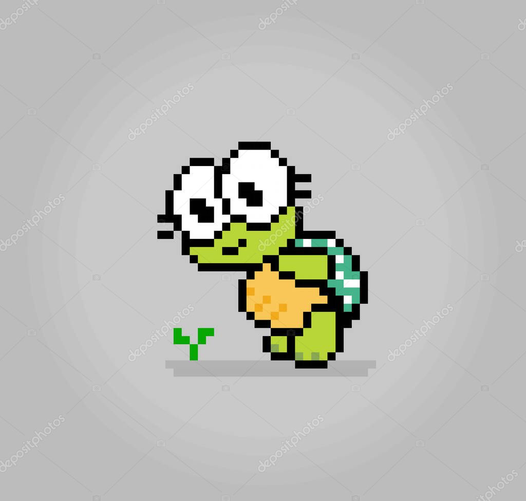 8 bit Pixel turtle saw a plant. Animal pixels in Vector illustration for game asset or cross ...