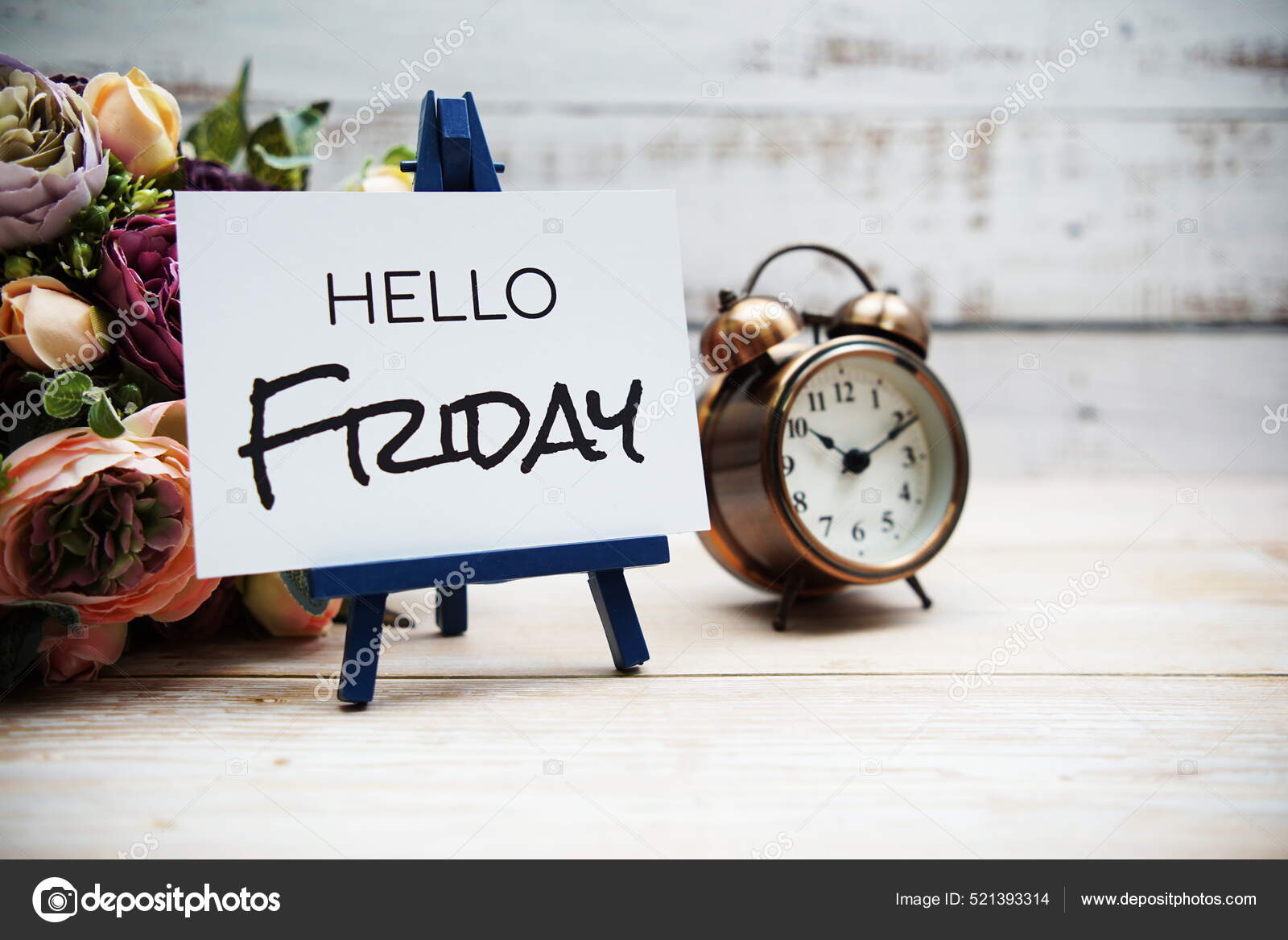 Hello Friday Text Flower Bouquet Alarm Clock Wooden Background Stock ...