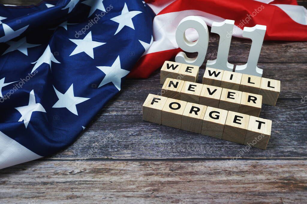 911 Nunca olvidaremos las letras del alfabeto con la bandera de Estados ...