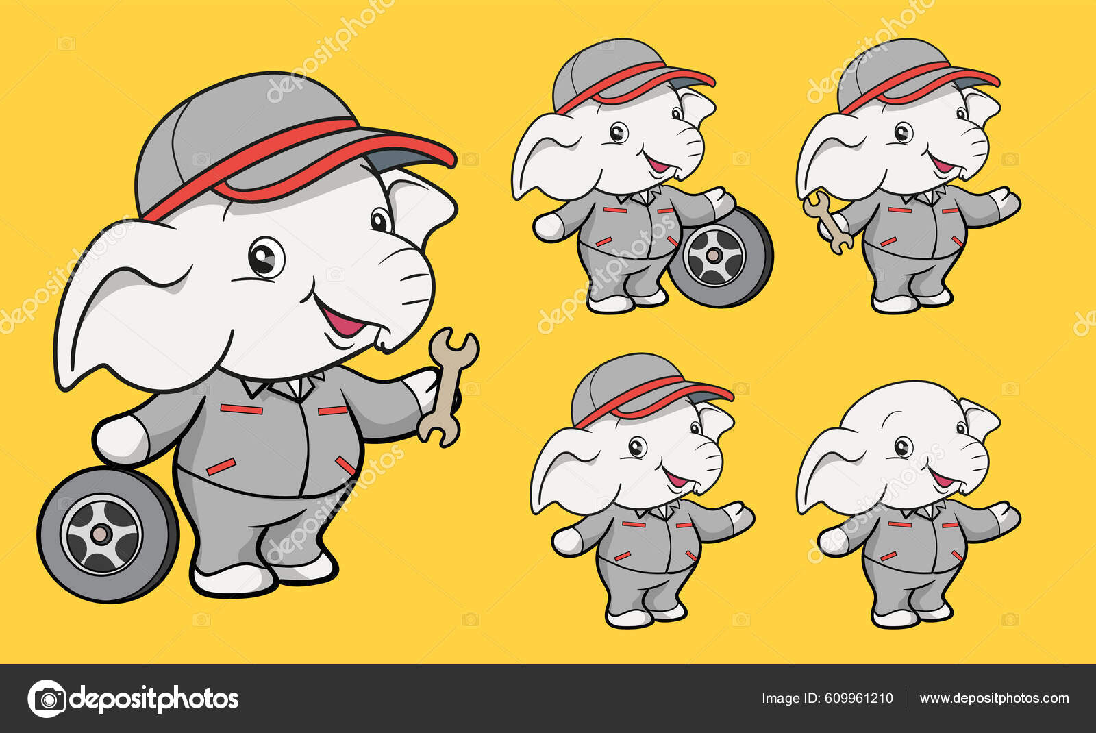 Karakter Maskot Gajah Lucu Maskot Pekerja Seragam Mekanik Mobil Dengan ...