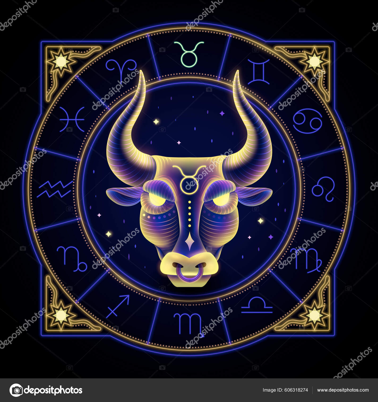 Taurus Zodiac Sign Represented Face Bull Neon Horoscope Symbol Circle ...