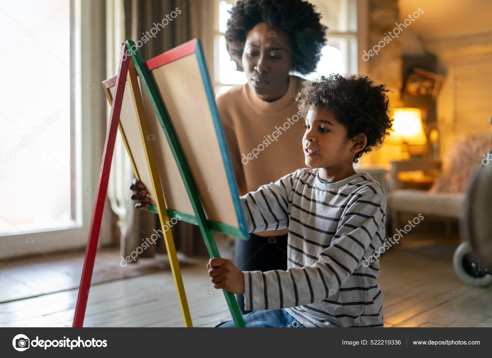 Little Boy Doing Math Exercises Her Mother Teacher Together Education ...