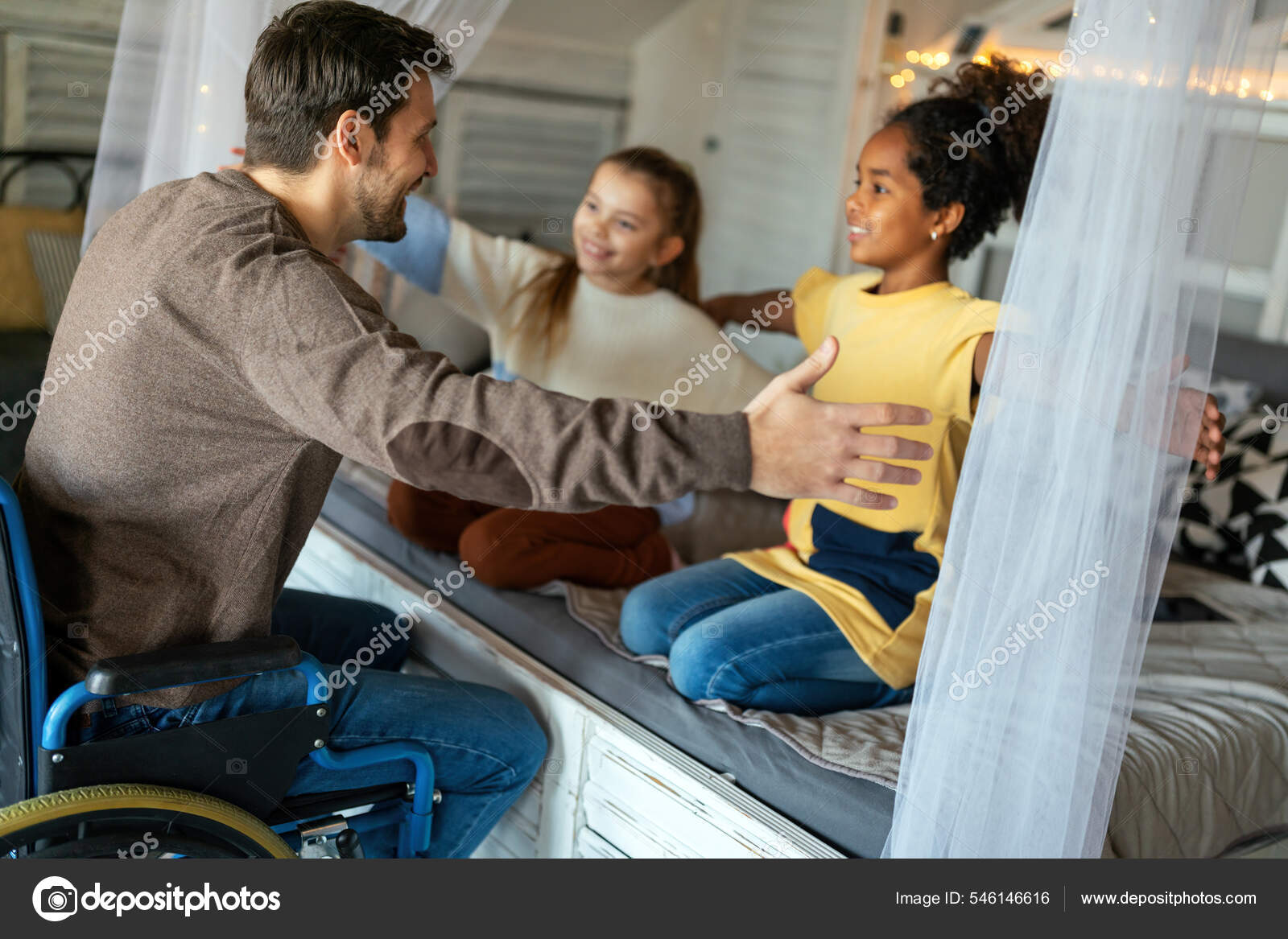 Portrait Happy Loving Father Disability Wheelchair Hugging Multiethnic ...