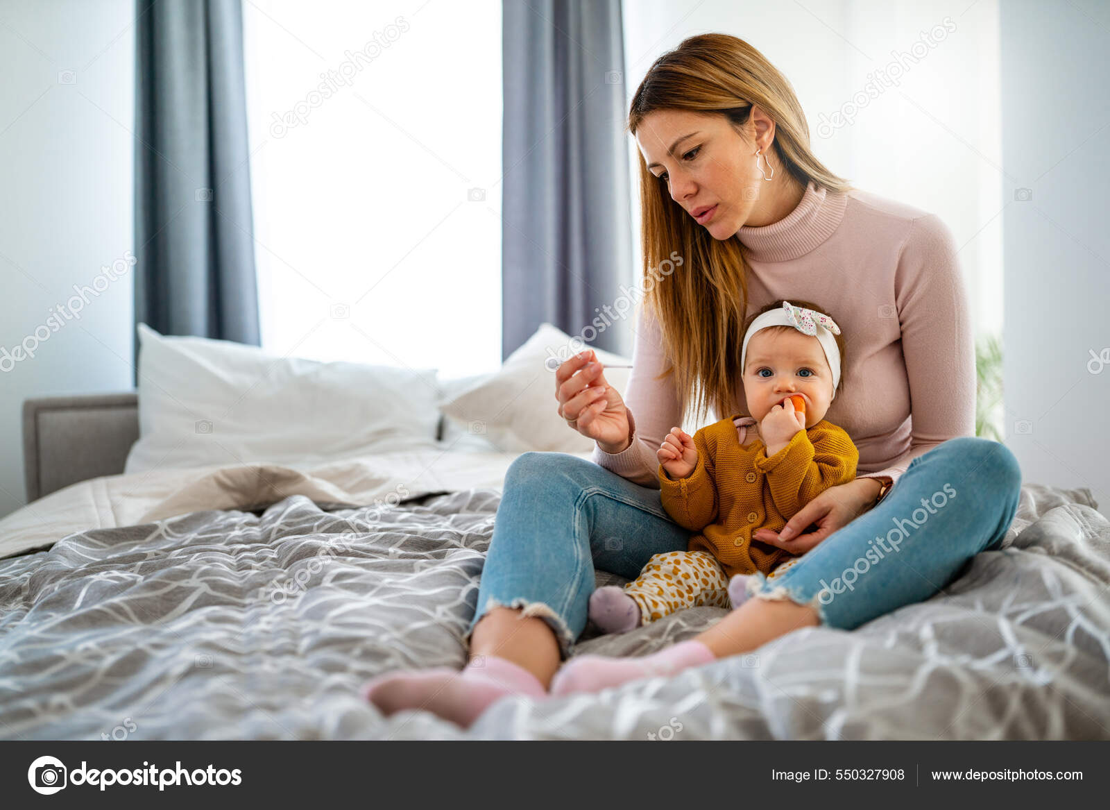 Mother Measuring Temperature Her Ill Kid Sick Child High Fever — Stock ...
