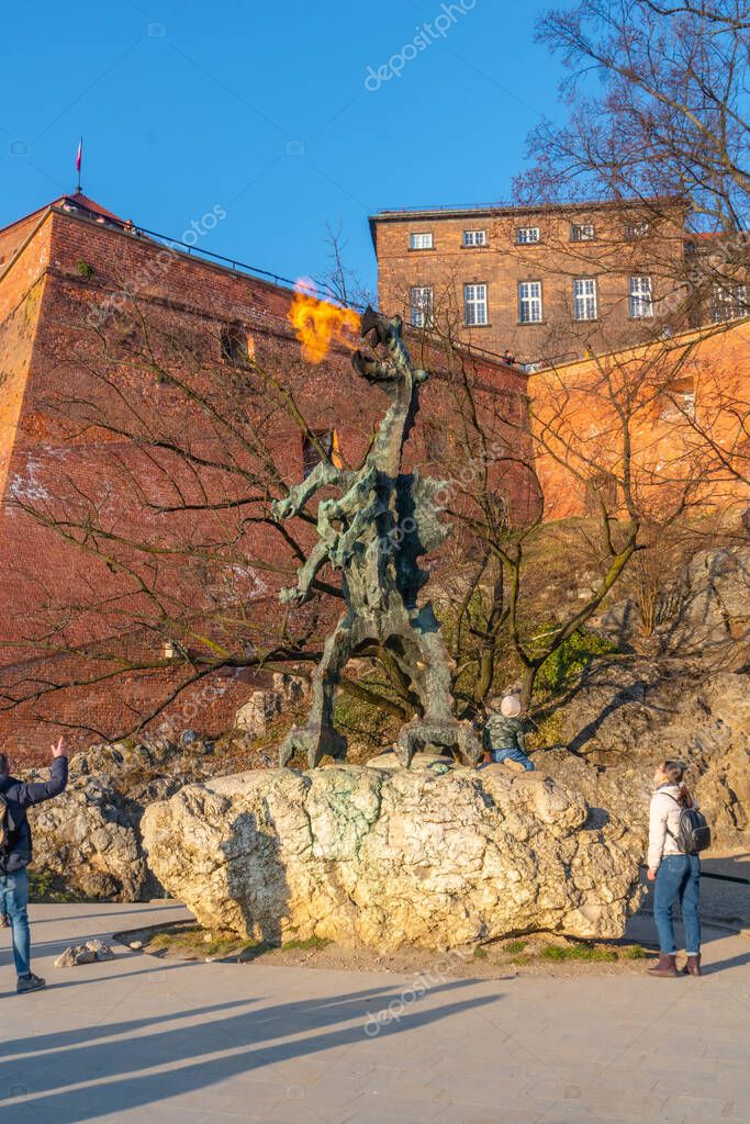 Krakow, Poland - 14 March, 2022: Statue of the Dragon of Wawel Hill ...