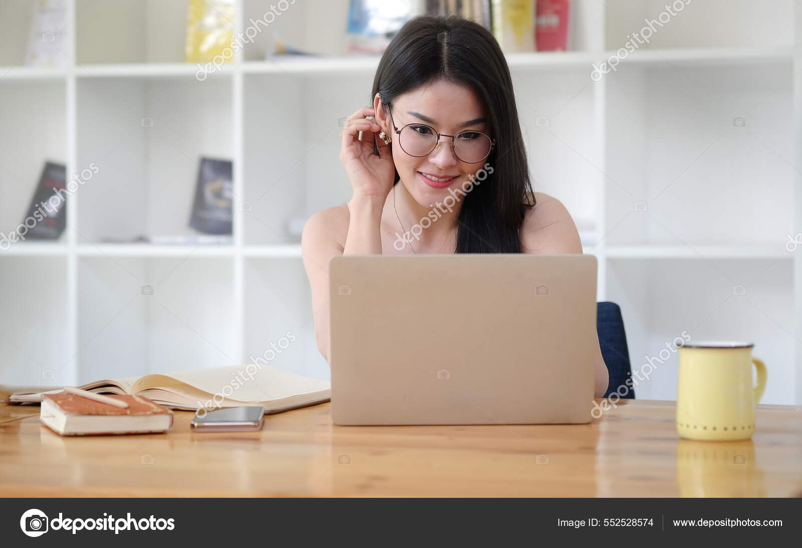 Pretty Young Woman Wearing Eyeglasses Using Laptop Computer Home Stock ...