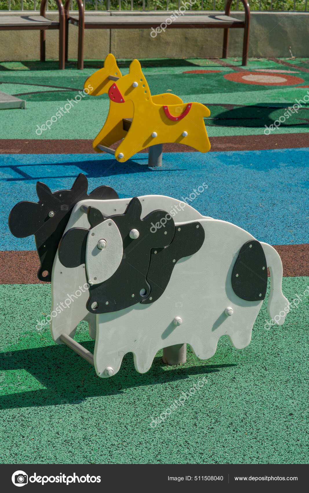 Cow Shape Spring Rider Rocker Sunny Summer Day Playground Background ...