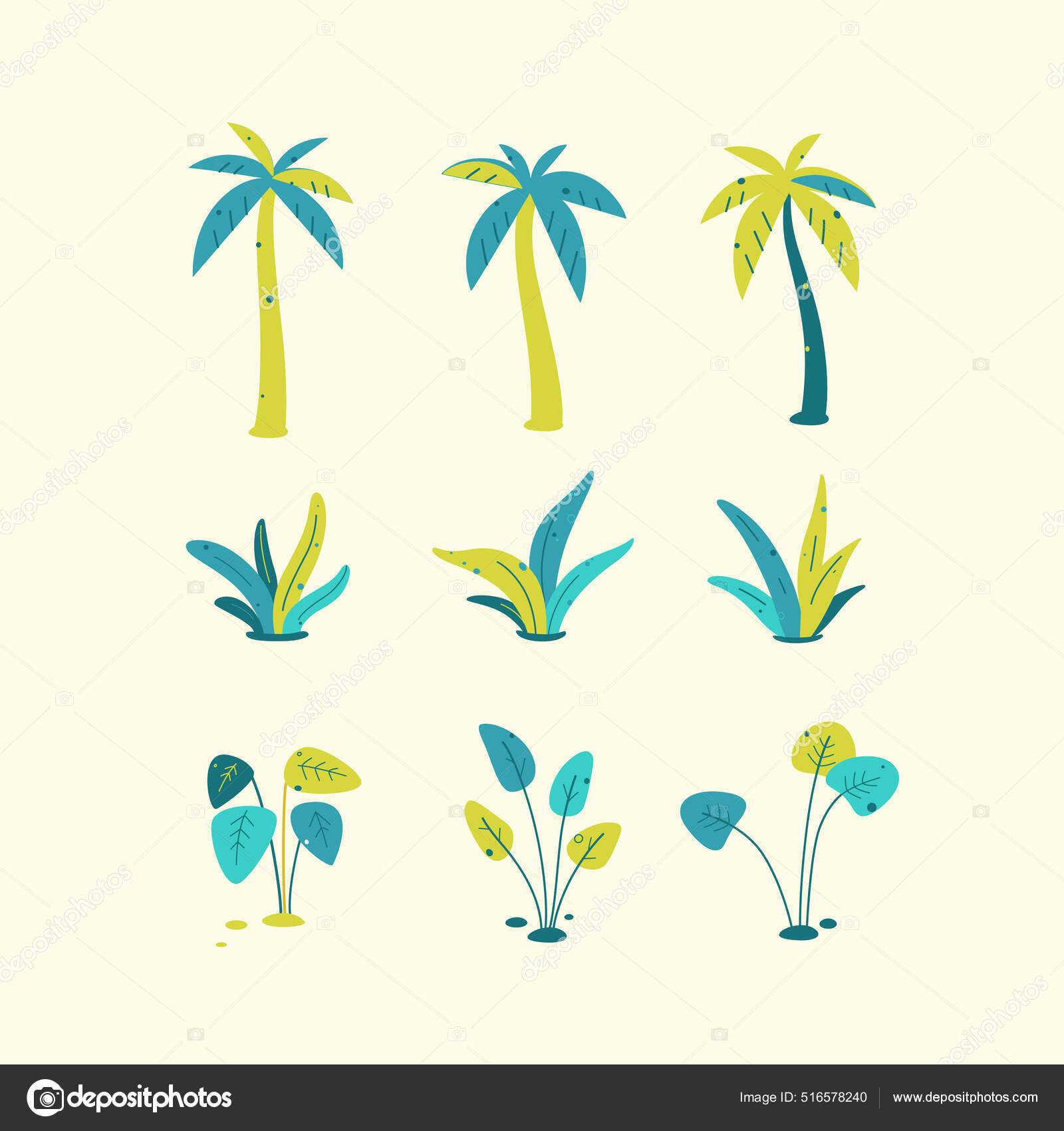Different Types Palm Tree Tropical Leaves Flat Line Vector Illustration ...