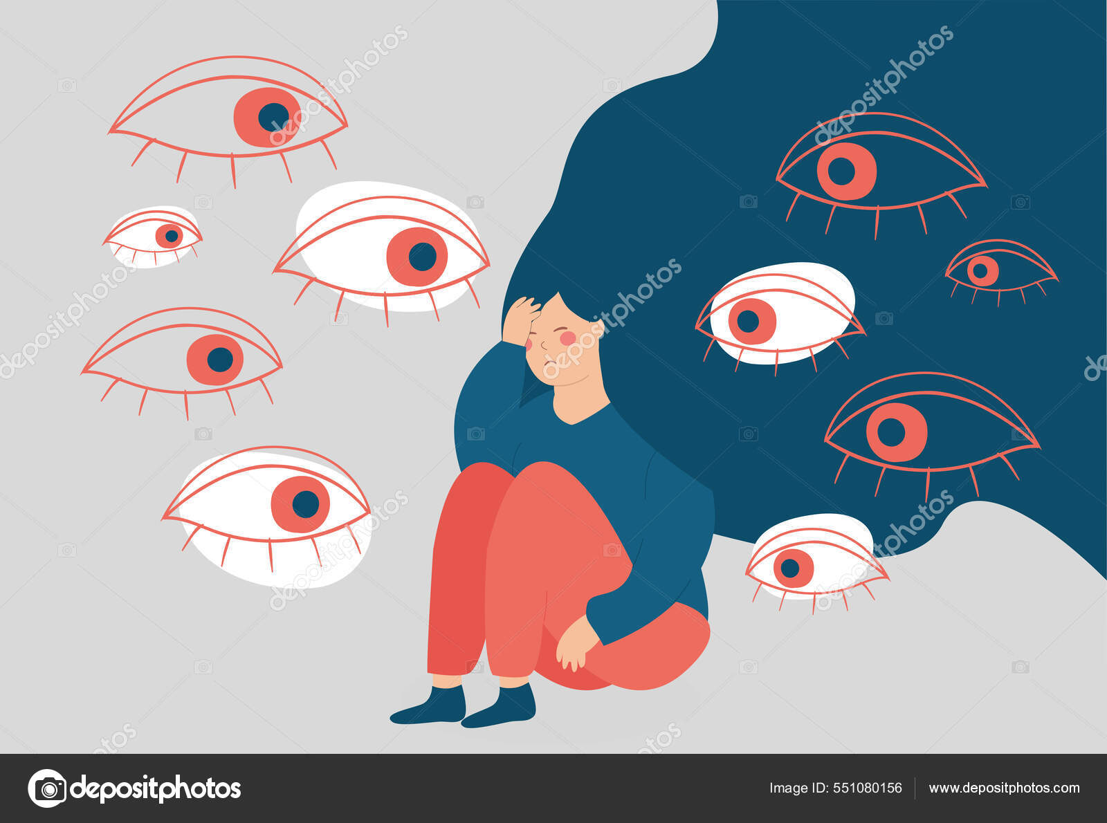 Young Woman Surrounded Big Evil Eyes Feels Helpless Depressed Girl ...