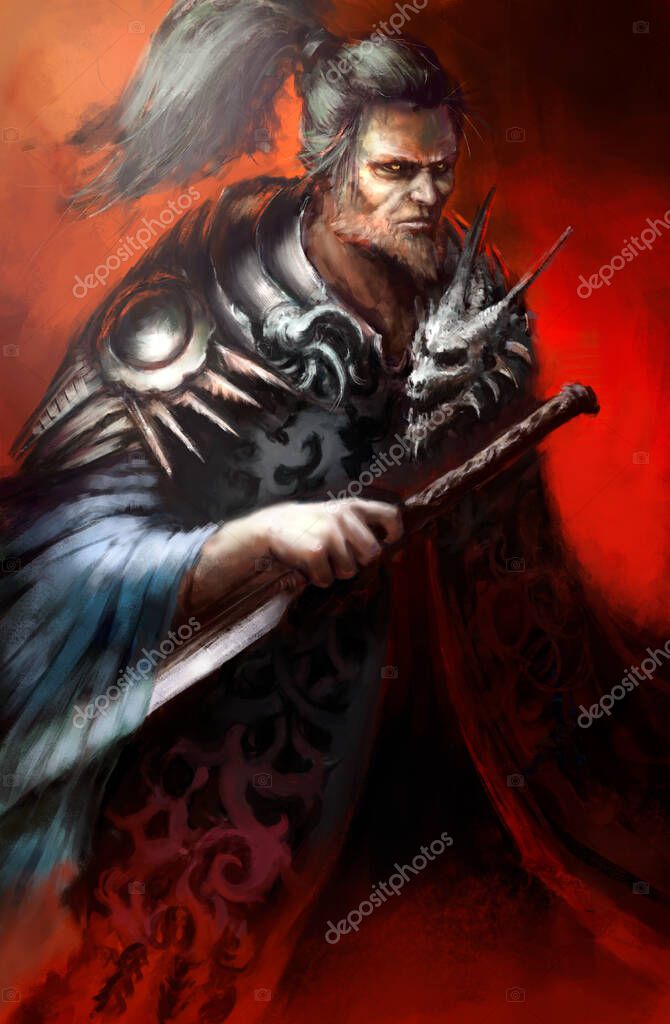 Un valiente ronin con armadura pl stica en forma de drag n desnud su katana, sus ojos brillando ...