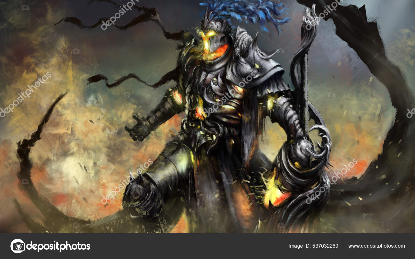 Aggressive Fire Elemental Steel Armor Wielding Enormous Sword Digital ...