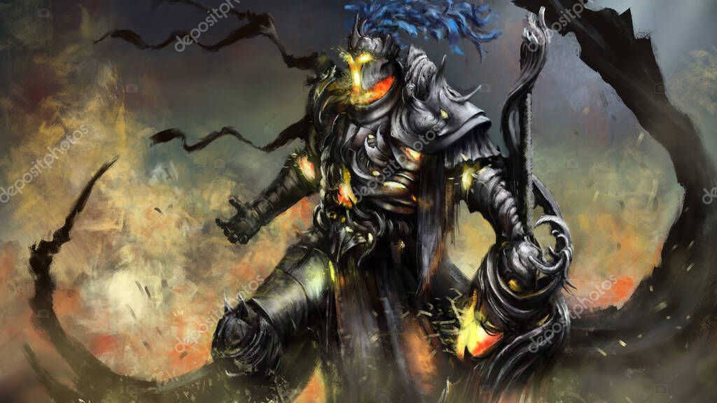 Un elemento de fuego agresivo en armadura de acero que empuña una ...