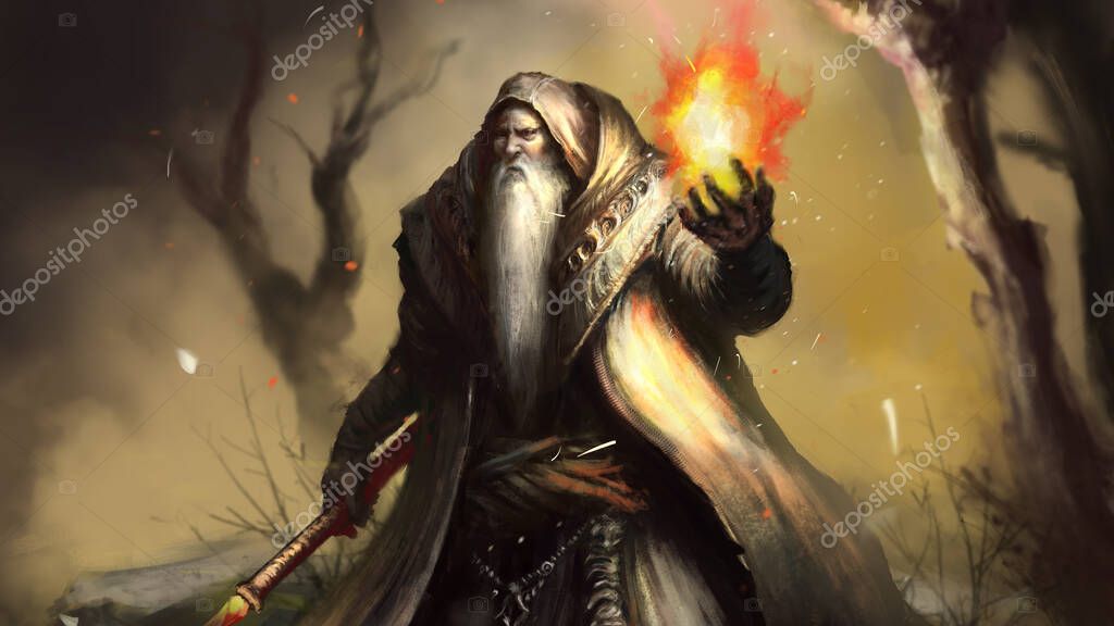 Un viejo mago en una bata con un bastón y amuletos utiliza magia de ...