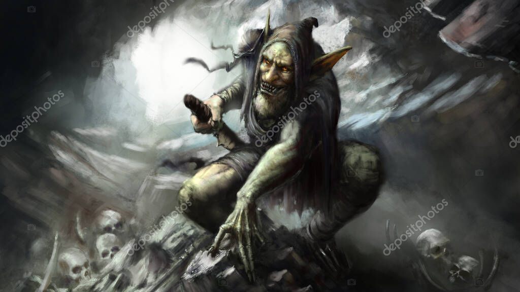 El duende de la montaña dibuja una daga con una sonrisa malvada, sus ...