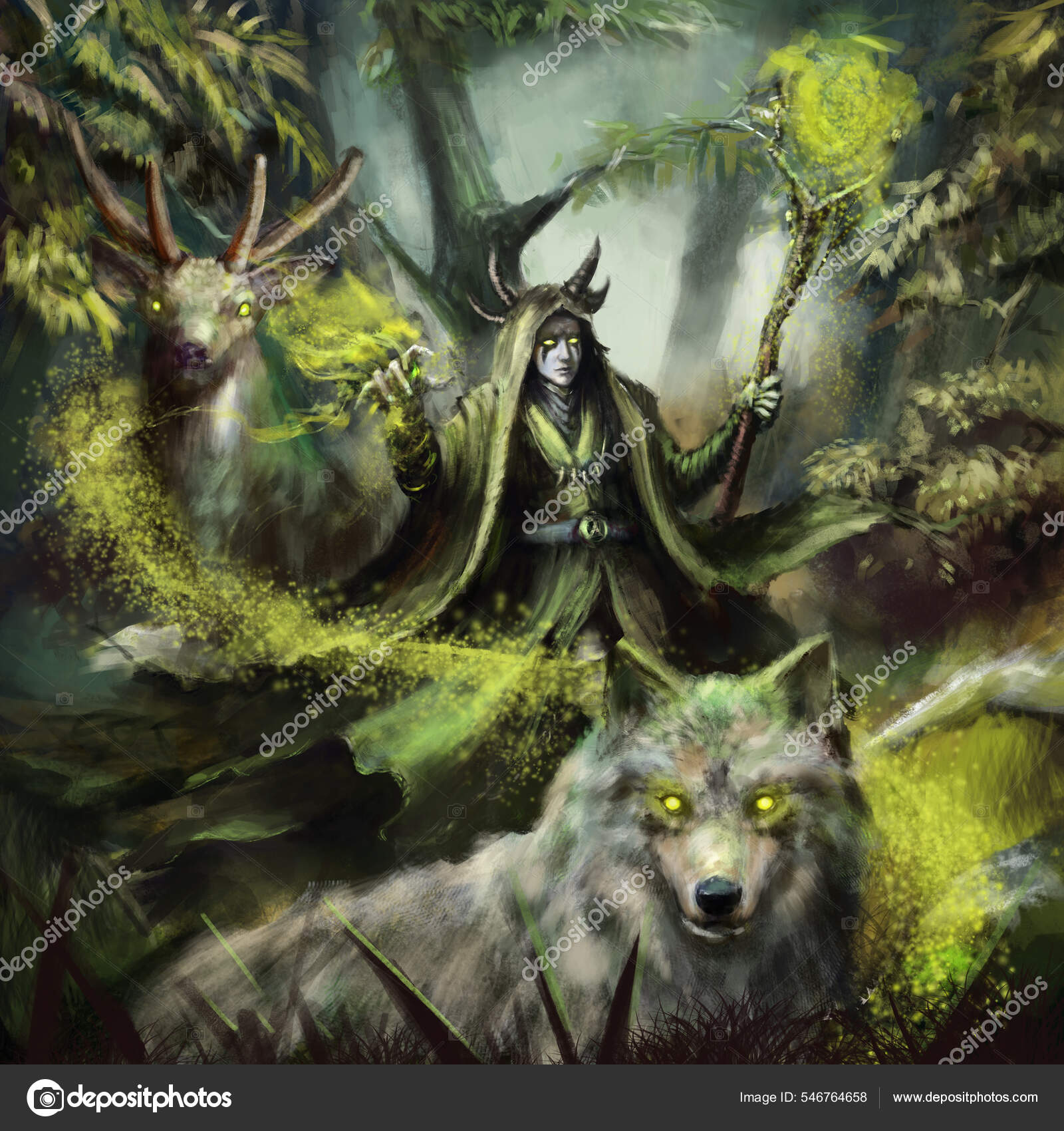 Forest Druid Uses Nature Magic Summon Animals Digital Drawing Style ...
