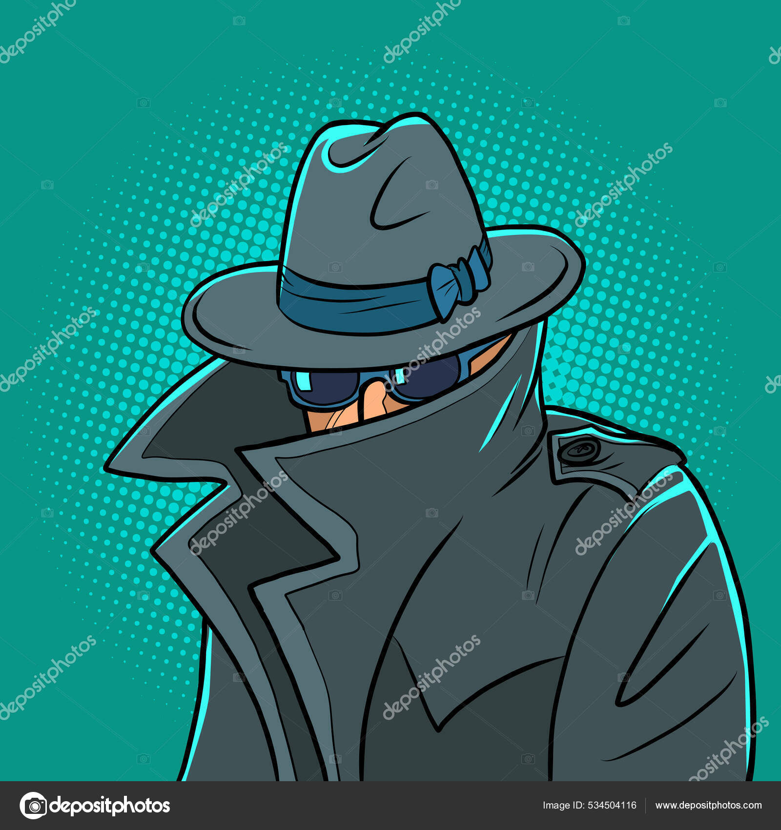 Spy in a raincoat, hat and black glasses, covered face Stock ...