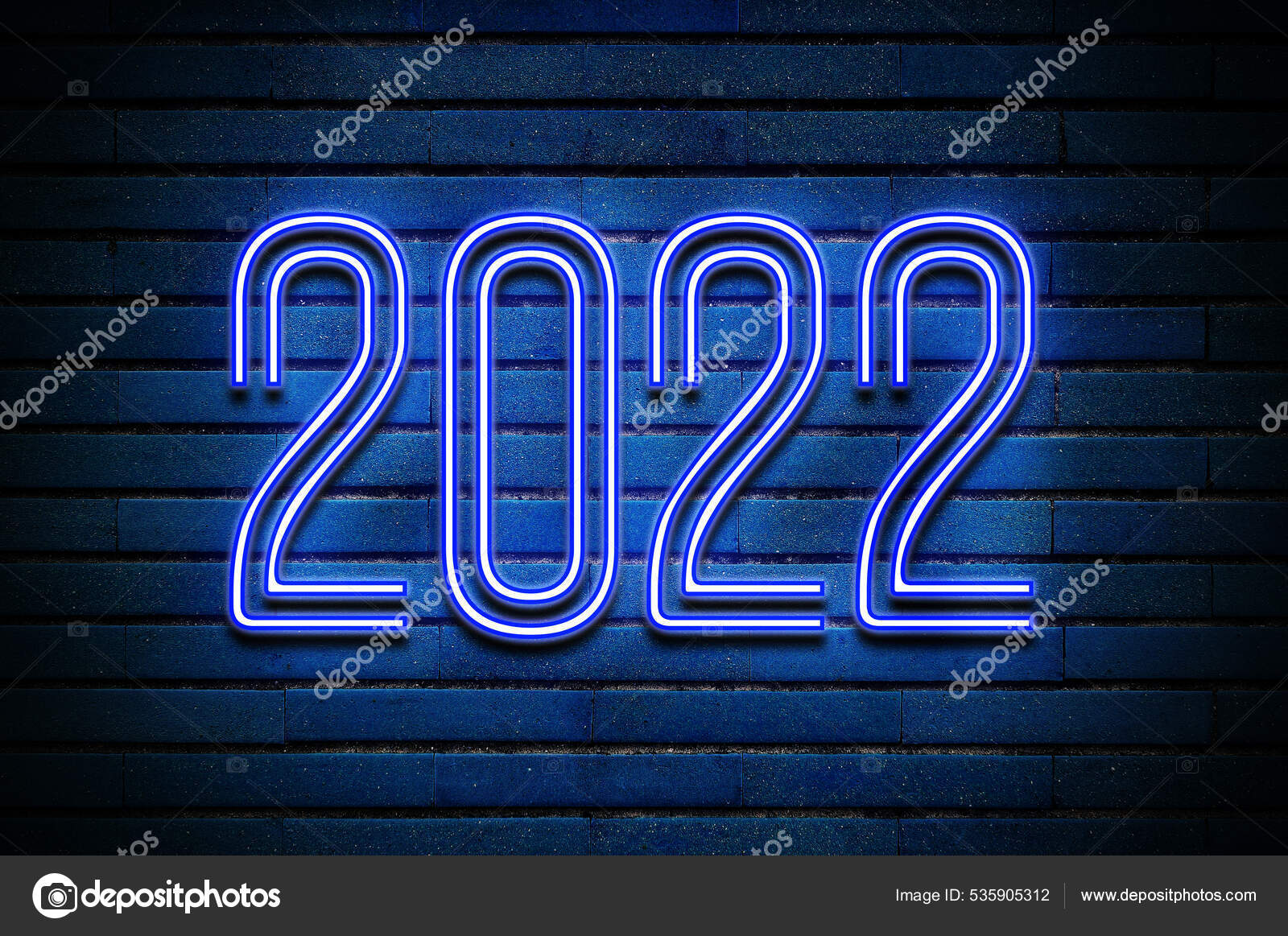 2022 Glowing Blue Neon Text Brick Wall Stock Photo by ©canbedone 535905312