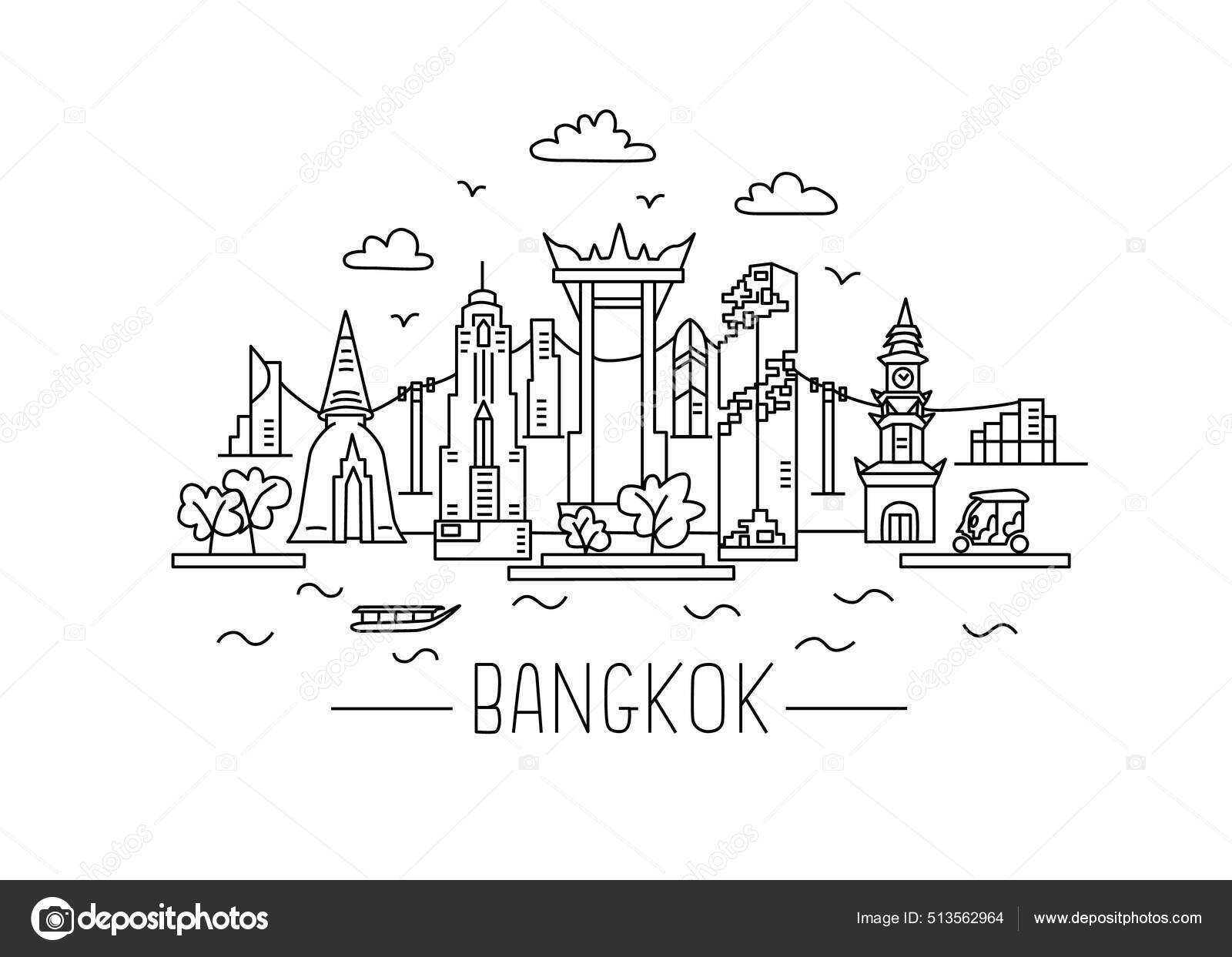 Bangkok lineart illustration. Bangkok line drawing. Modern style ...