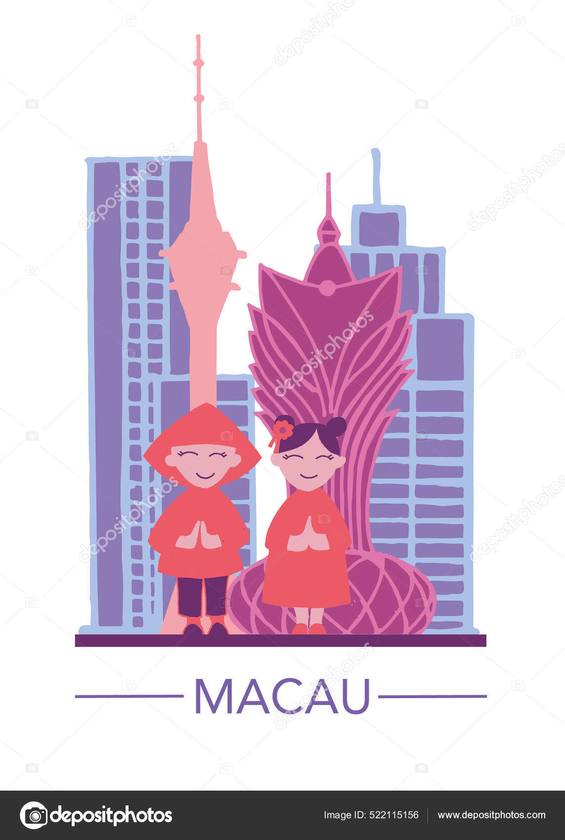Macau cartoon illustration. Macau, China line drawing. Modern style ...