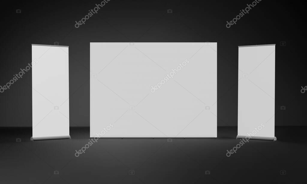 Exposici n en blanco Escena de pancartas de pared gr fica con pancartas enrollables a cada lado ...