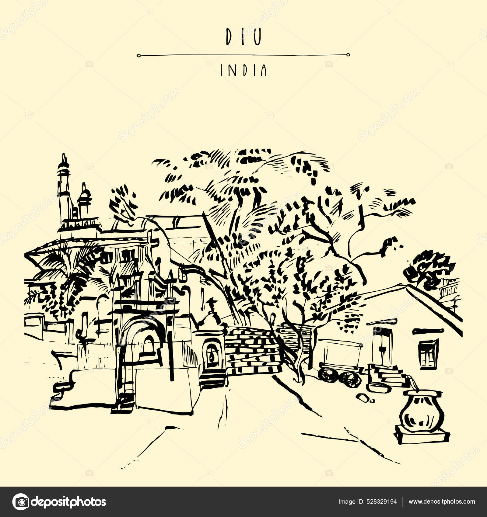 Diu India Illustration Hand Drawn Cityscape Sketch Beautiful Yard ...