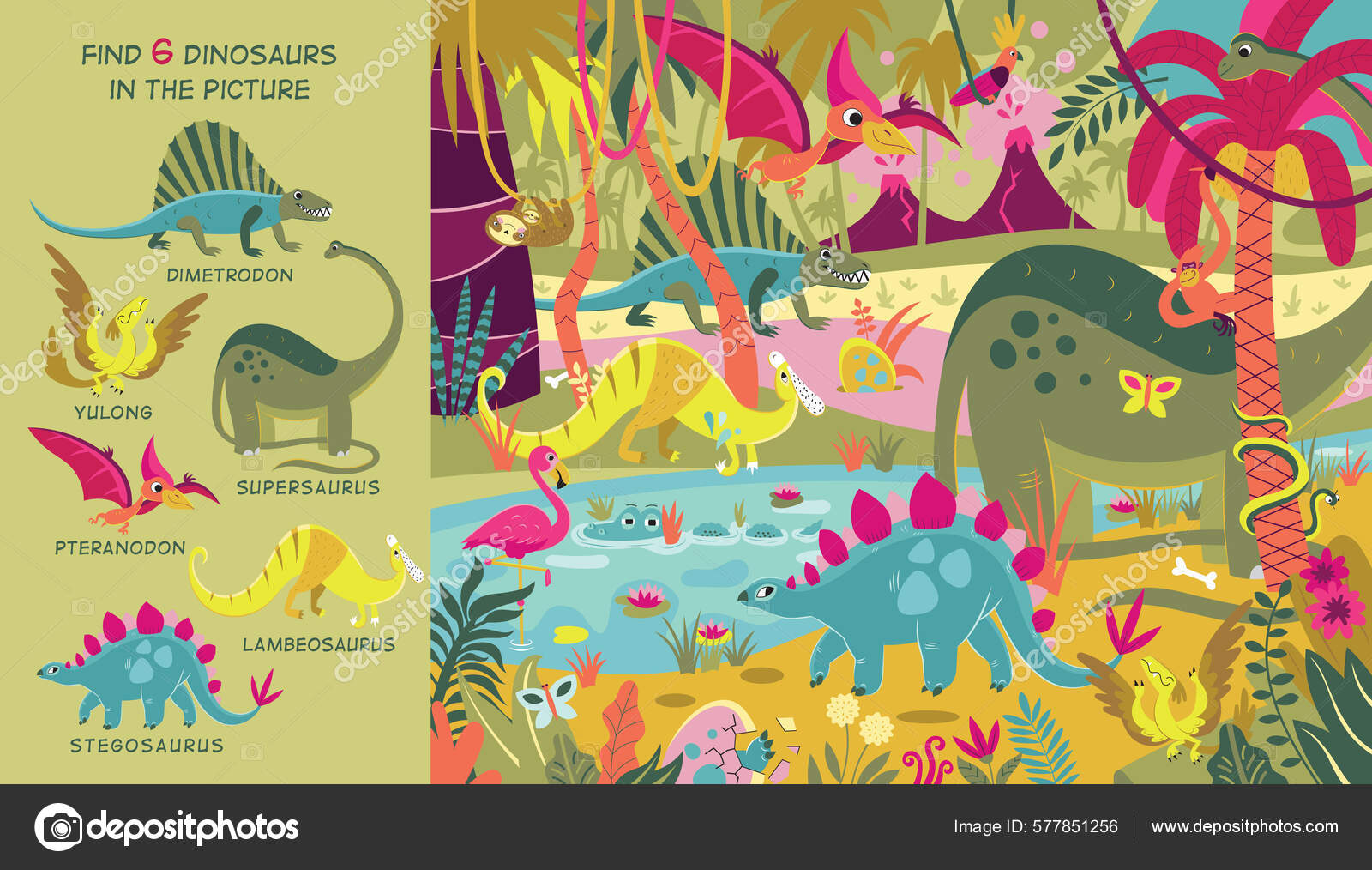 Jurassic Park Find All Dinosaurs Picture Hidden Object Puzzle Colorful ...