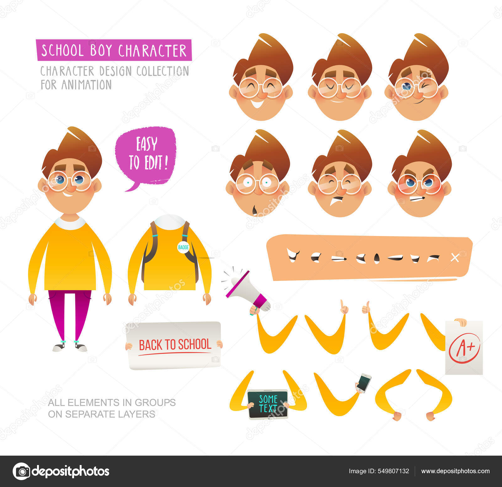 Cartoon Pupil School Boy Set Character Your Scenes Design Animation ...