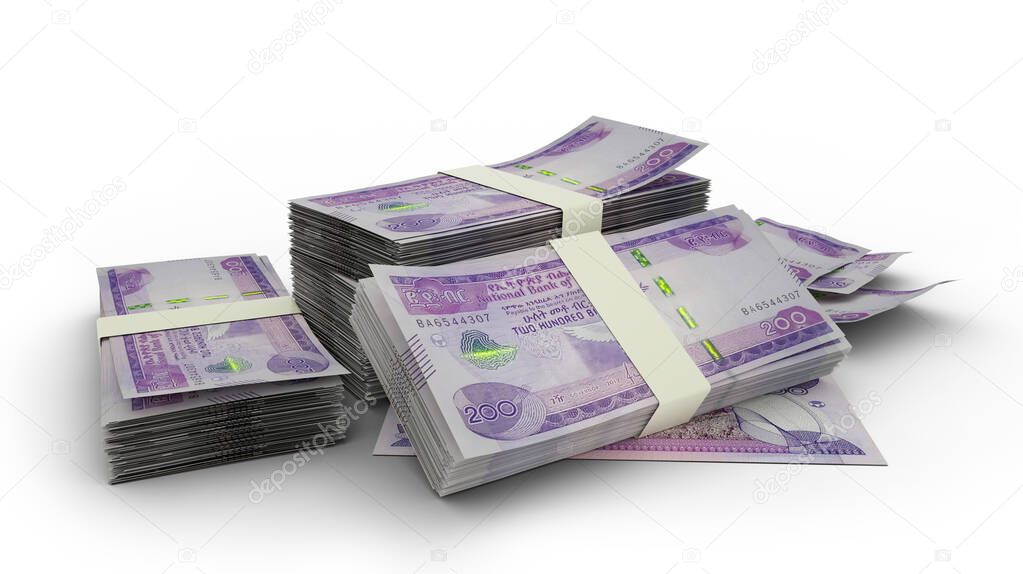 3D Stack of Ethiopian birr notes isolated on white background 2023