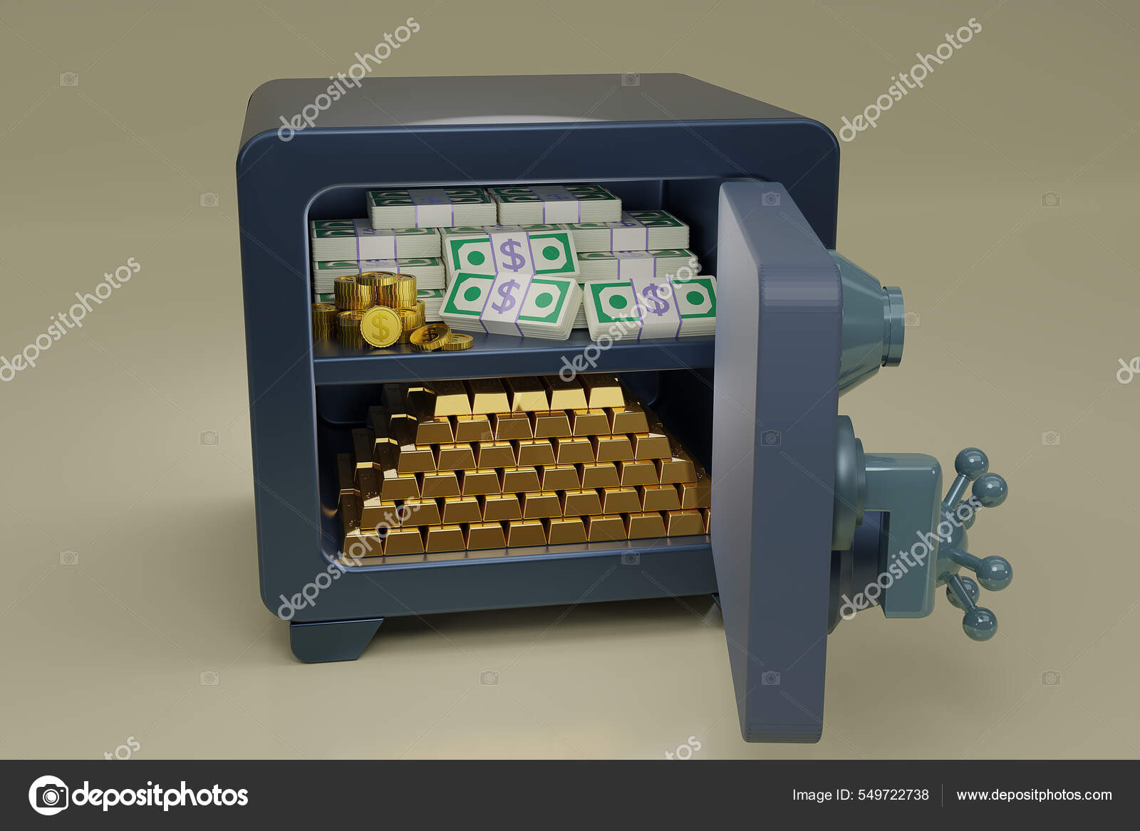 Membuat Kotak Aman Logam Biru Dengan Batang Emas Koin Emas — Foto Stok ...