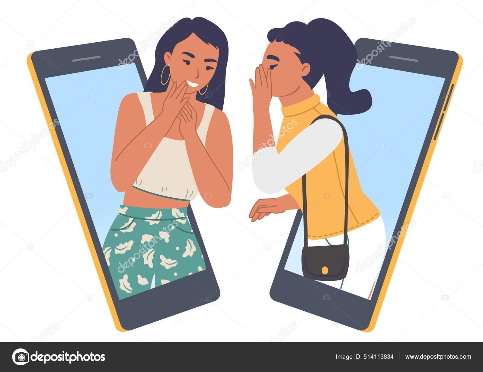 Dos chicas susurrando hablando entre sí en el teléfono móvil ...