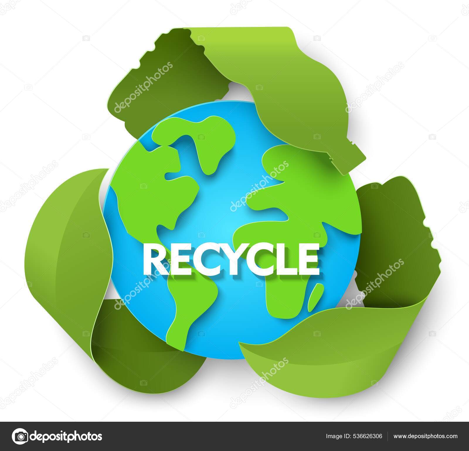 Zelená recyklační značka, planeta Země, vektorový papír. Recyklace ...