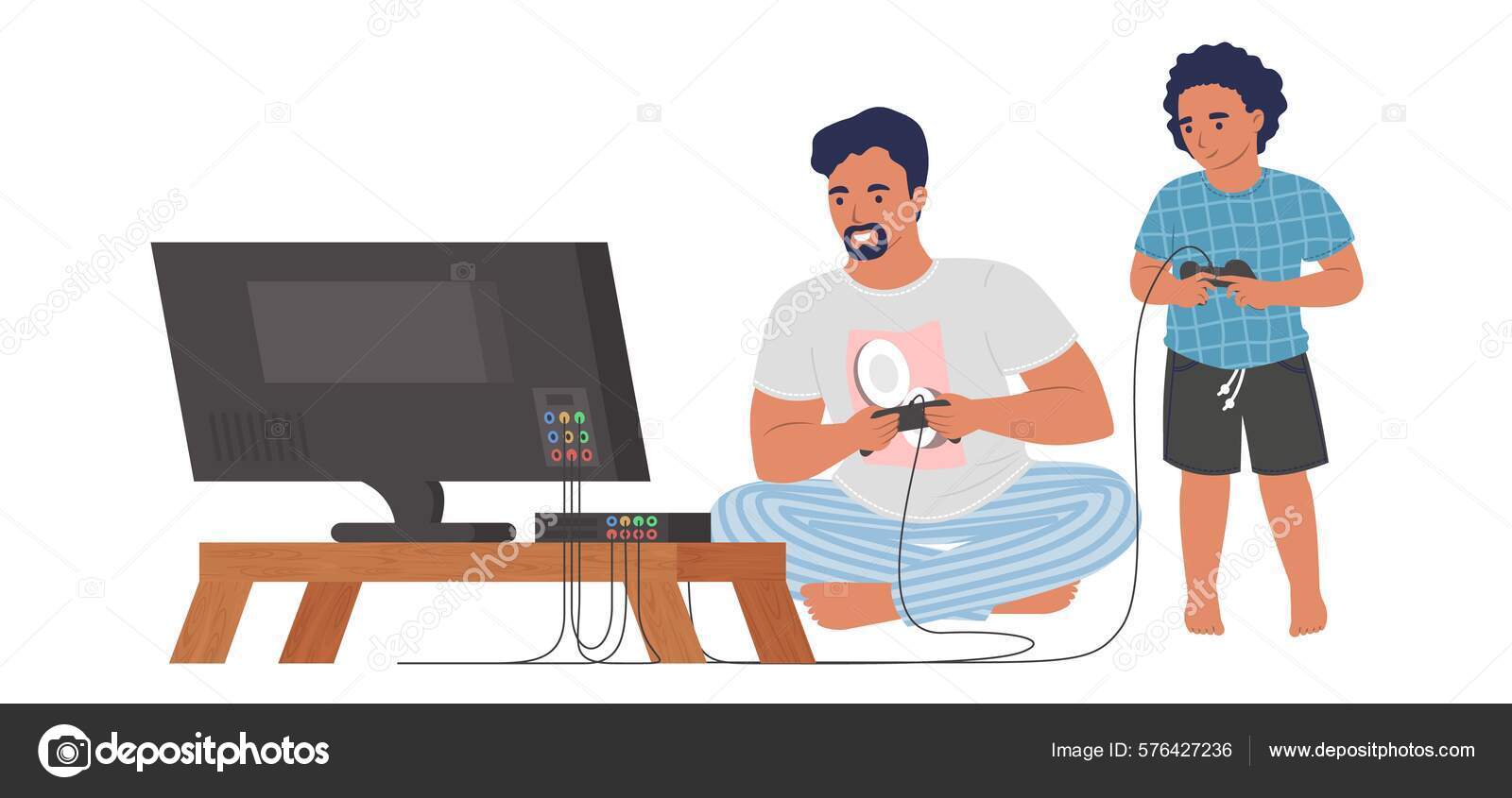 Father Son Playing Video Game Vector Illustration Dad Little Boy Stock ...