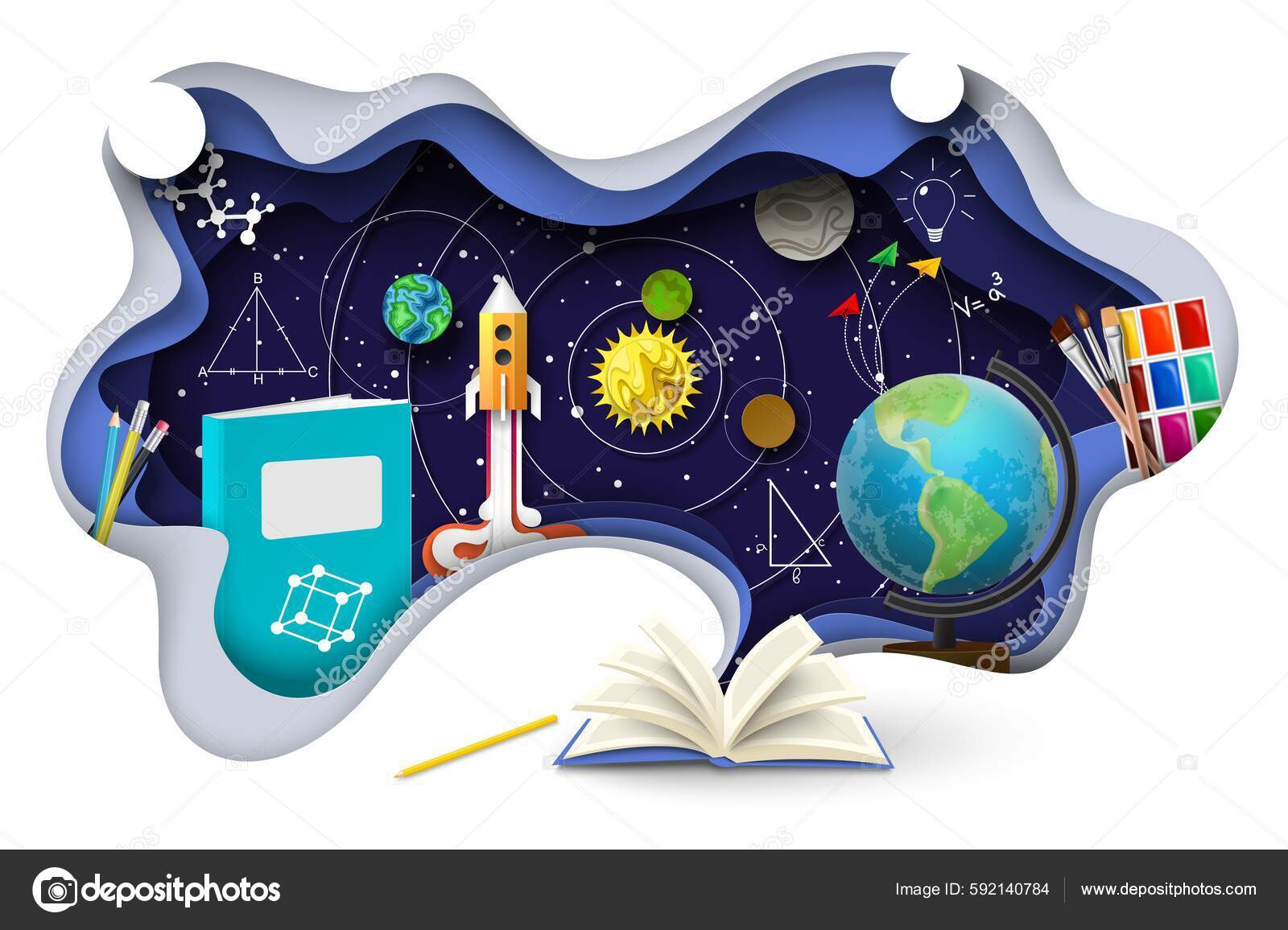 Back School Papercut Vector School Supplies Flying Out Open Book Stock Vector Image by ...
